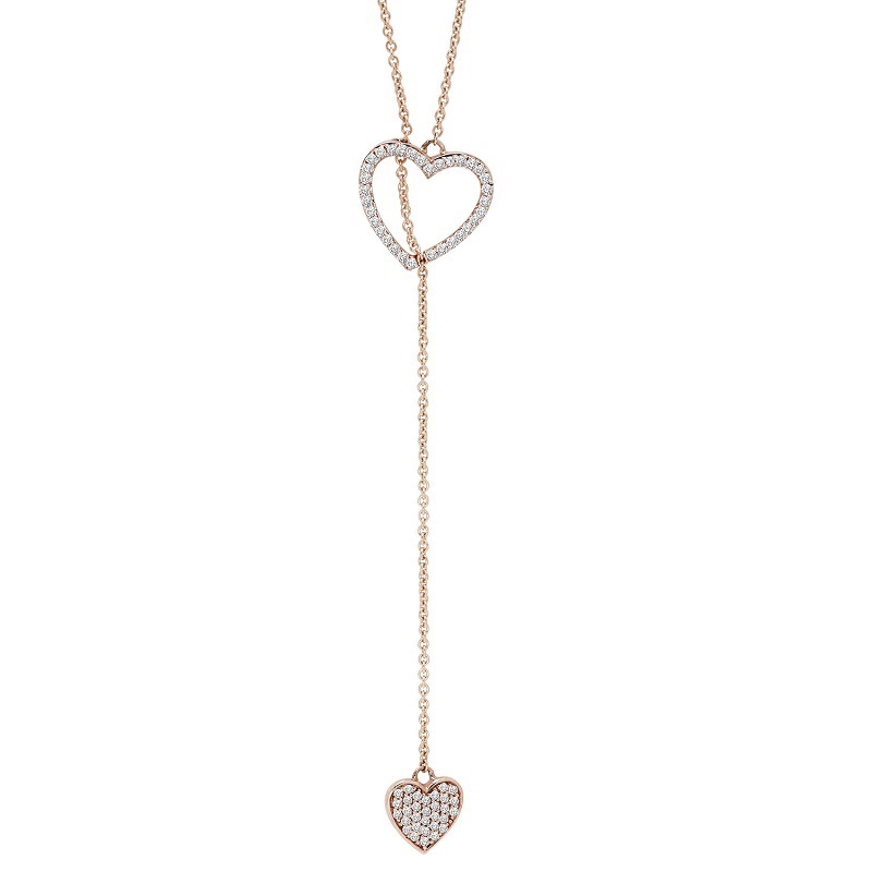 10k Rose Gold Double Heart Diamond Rose Gold Lariet Necklace