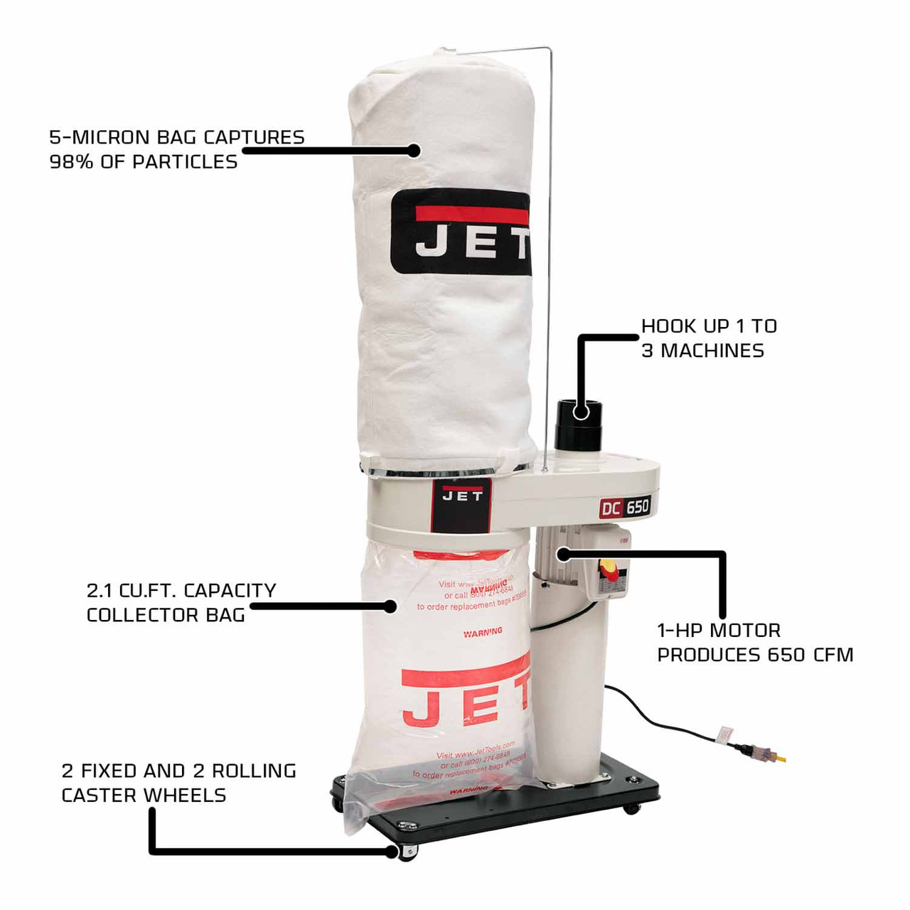 Jet, DC-650, Dust Collector, 1HP, 1PH, 115/230V, 5-Micron Bag Filter ...