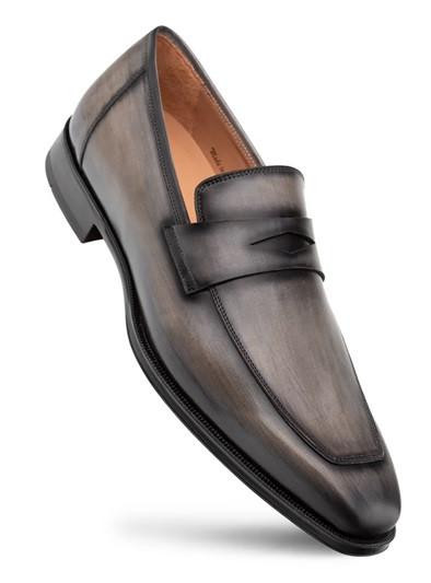 Mezlan Mens Dark Grey Burnished Leather Classic Penny Loafer Shoes 20910
