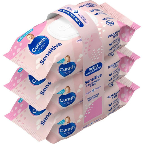 Curash Baby Wipes Fragrance Free, Sensitive Skin - 3 x 80 Pk