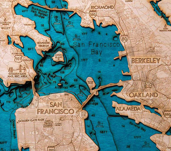 3D Wood Map San Francisco/Bay Area Medium 15" x 20" - Higher Elevation
