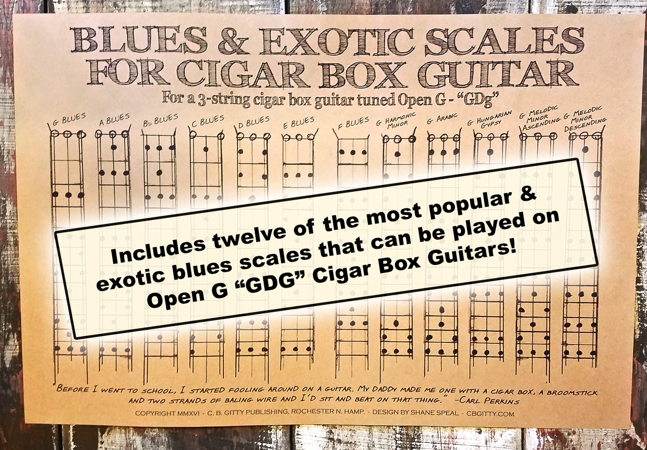 Blues Scales Poster for 3-string Open G GDG Cigar Box Guitar - includes ...