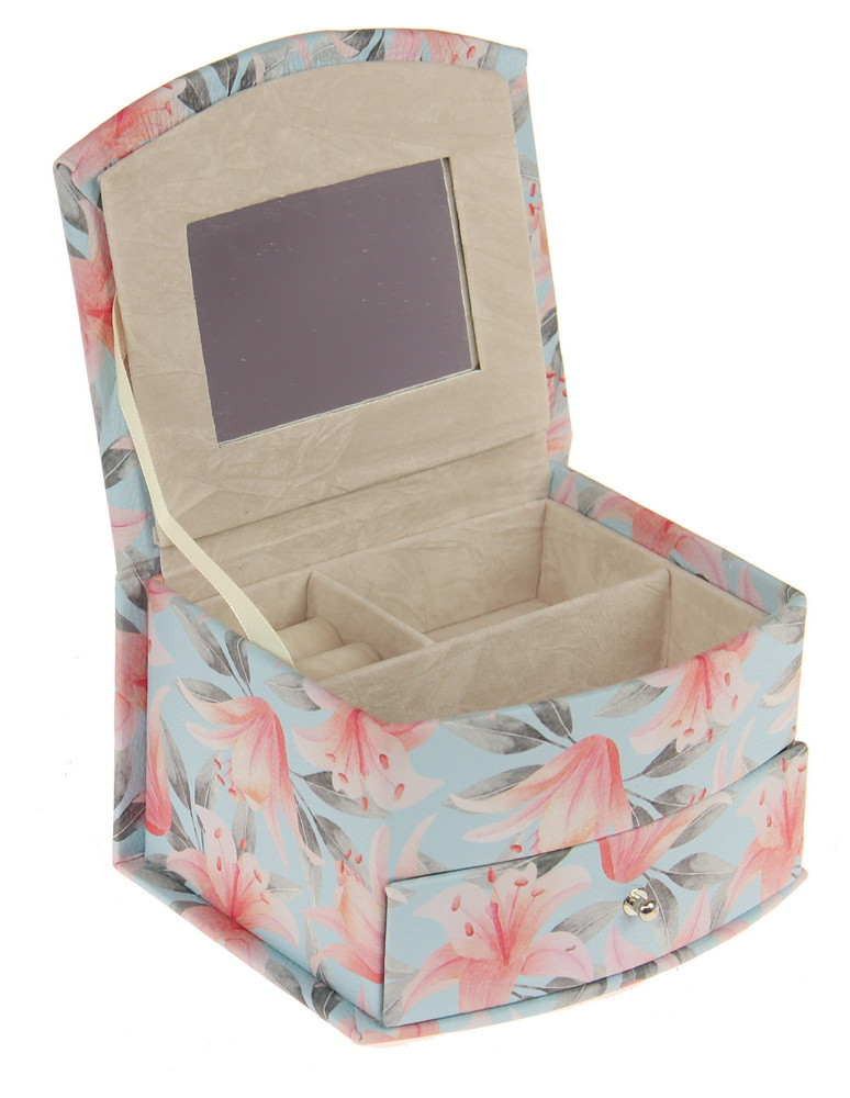 Curved front jewellery box with pink flower pattern on pale blue ...