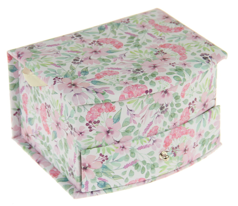 Curved front jewellery box with pink flowers and green leaves - small ...