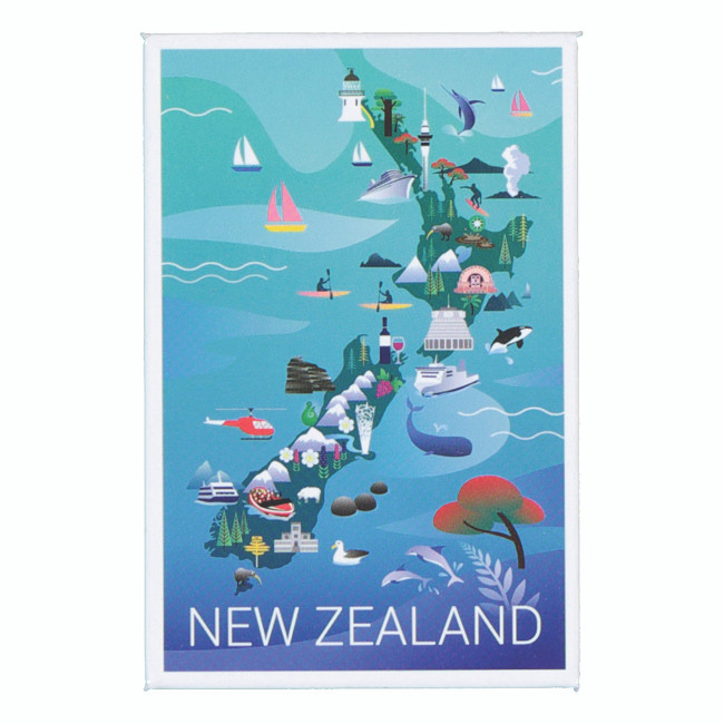 Metal Fridge Magnet - NZ map with icons - Adore Collection