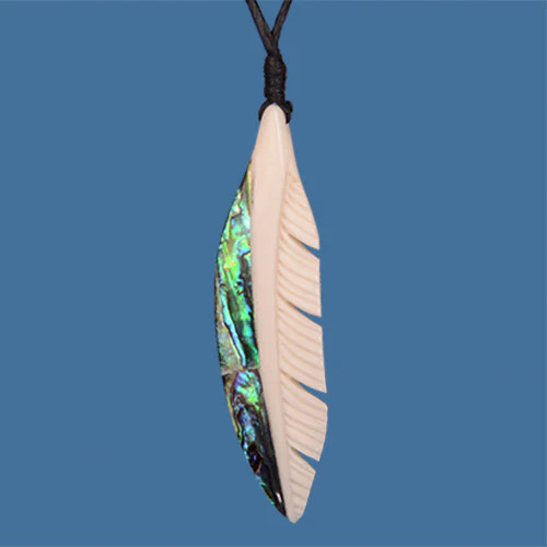 Hand carved bone and paua feather pendant - Adore Collection