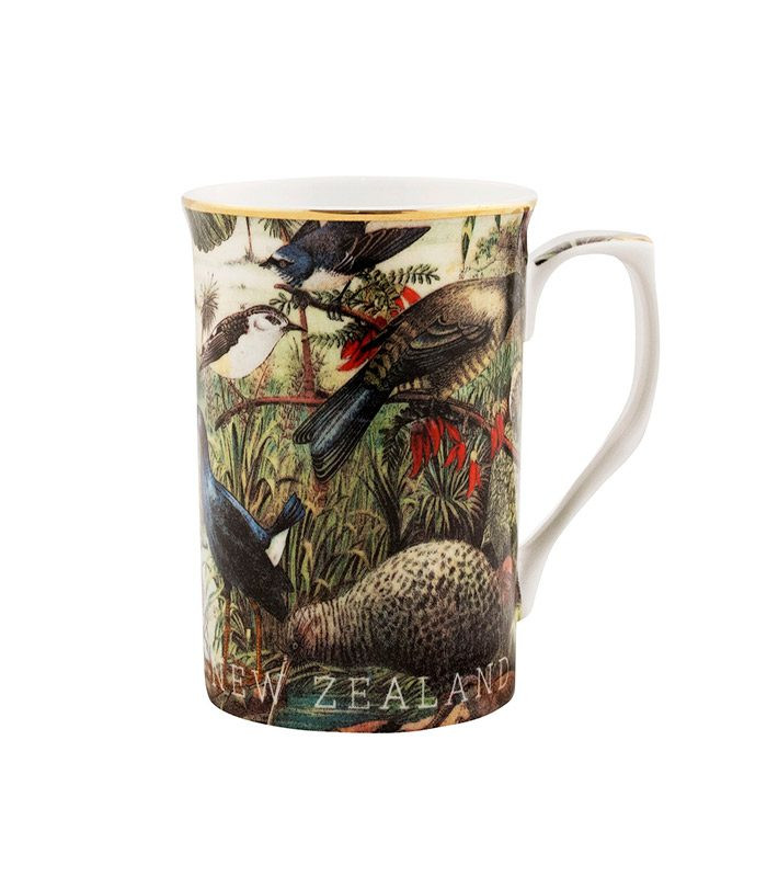 NZ native birds coffee cup with gold rim - Adore Collection