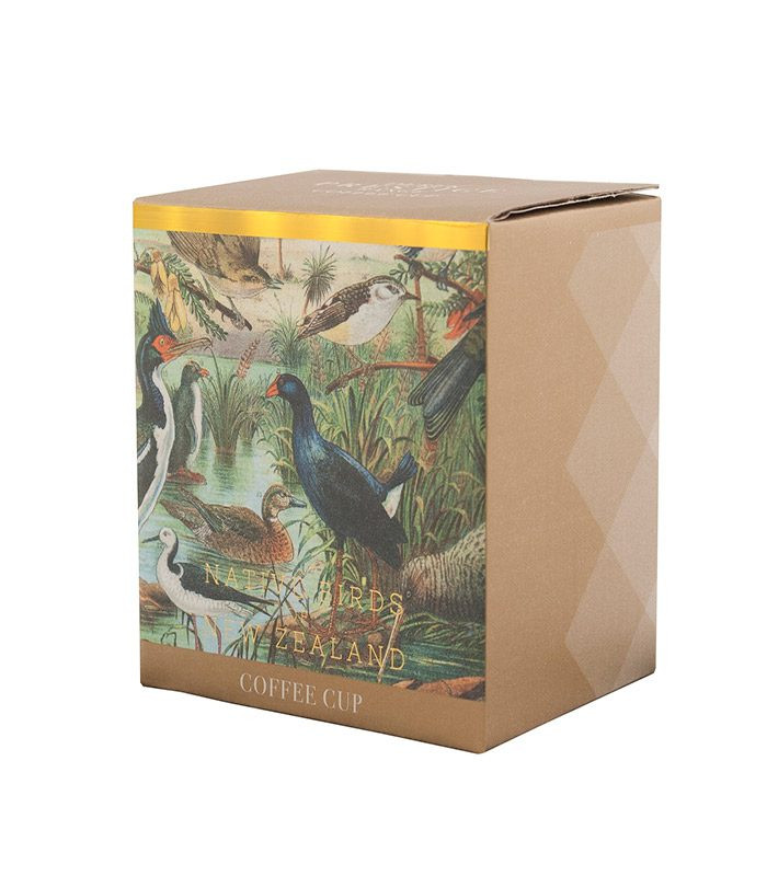 NZ native birds coffee cup with gold rim - Adore Collection