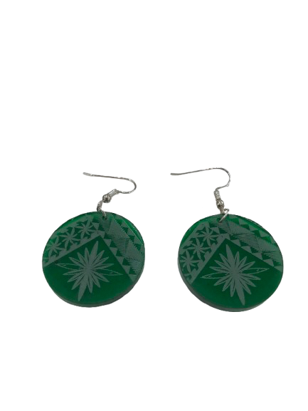 Round green acrylic earrings with malu tattoo design - Adore Collection