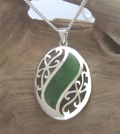 "Earth and Sea" pendant NZ Greenstone set in sterling silver on 45cm ...