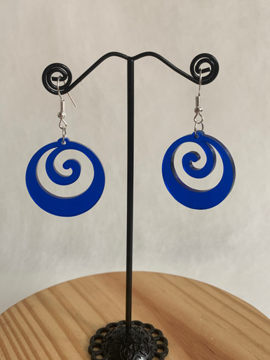 Blue acrylic koru earrings on hooks - Adore Collection