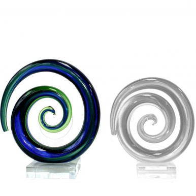20cm high handcrafted blue and green full koru circle on clear glass ...