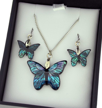 Boxed New Zealand paua shell butterfly necklace and earring set - Adore ...