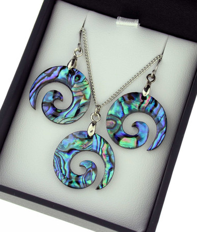 New Zealand paua shell koru earrng and pendant set - Adore Collection
