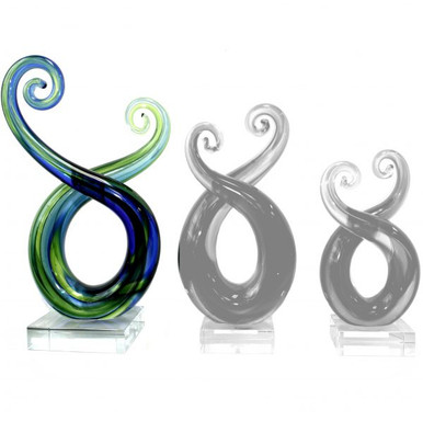 25cm high handcrafted green and blue glass entwined koru fronds on a ...