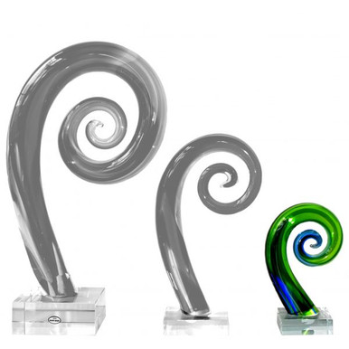 15cm high blue and green glass koru on clear glass base - Adore Collection
