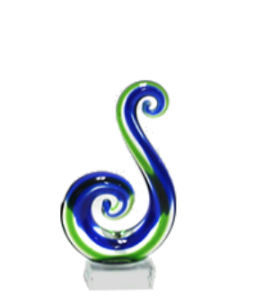 8.5cm tall handcrafted blue and green glass double koru on a clear ...
