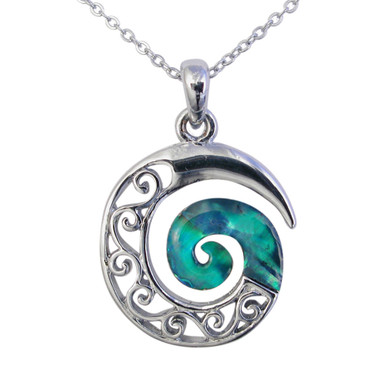 New Zealand paua shell koru pendant with filigree pattern on chain ...
