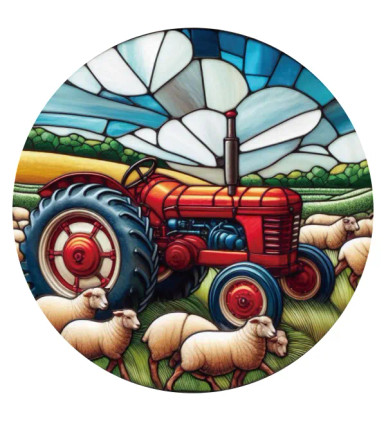 Round stained glass suncatcher with New Zealand sheep and tractor farm ...