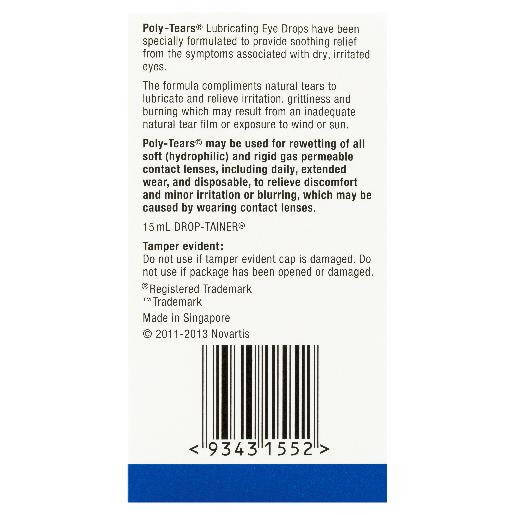 Poly Tears Lubricating Eye Drops 15mL for Dry Eye