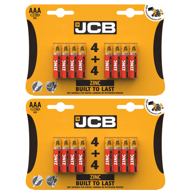 JCB AAA Zinc Carbon Batteries – 2x Packs of 4+4 | 16 Batteries Total