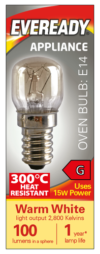 Eveready Oven Lamp E14 100lm 15W 2,800K (Warm White) 300C Heat Resistant