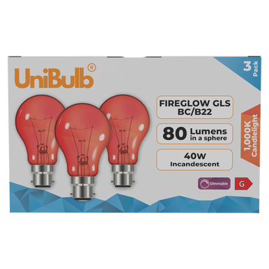 UniBulb B22 GLS 40W 1000K Fireglow Red Light Bulb - Pack of 3