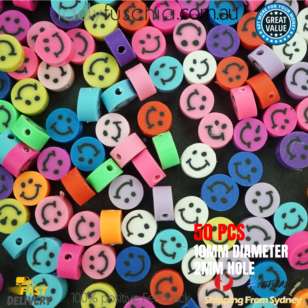 10MM POLYMERE CLAY Multi SMILEY FACES - ladyfuschia