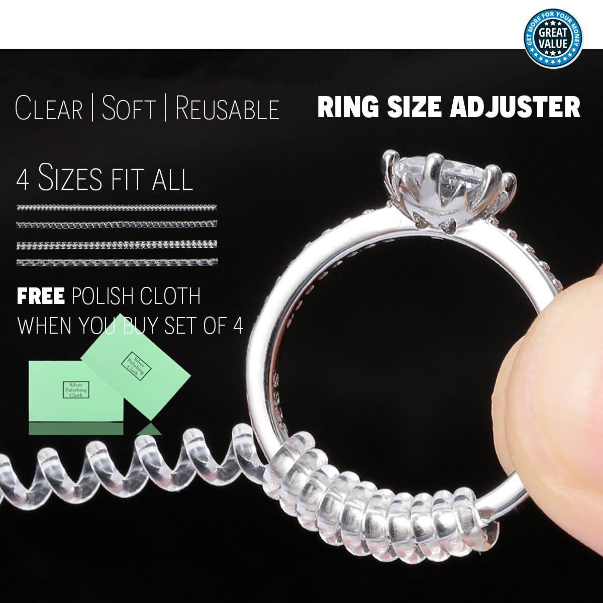 4 Sizes/set Clear Ring Size Adjuster Insert Guard Tightener Reducer ...