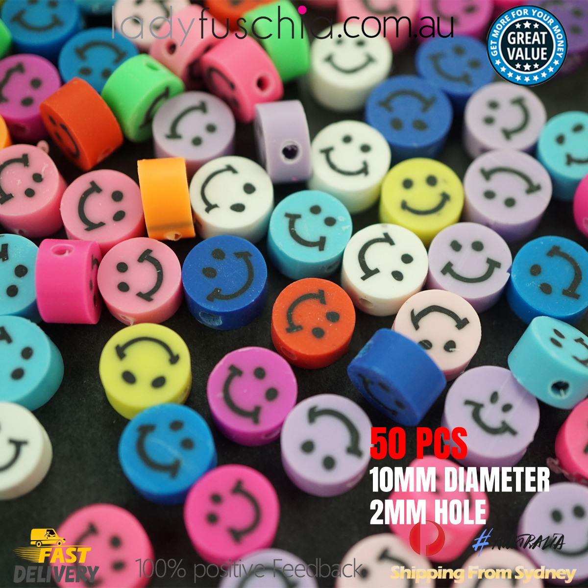 10MM POLYMERE CLAY Multi SMILEY FACES - ladyfuschia