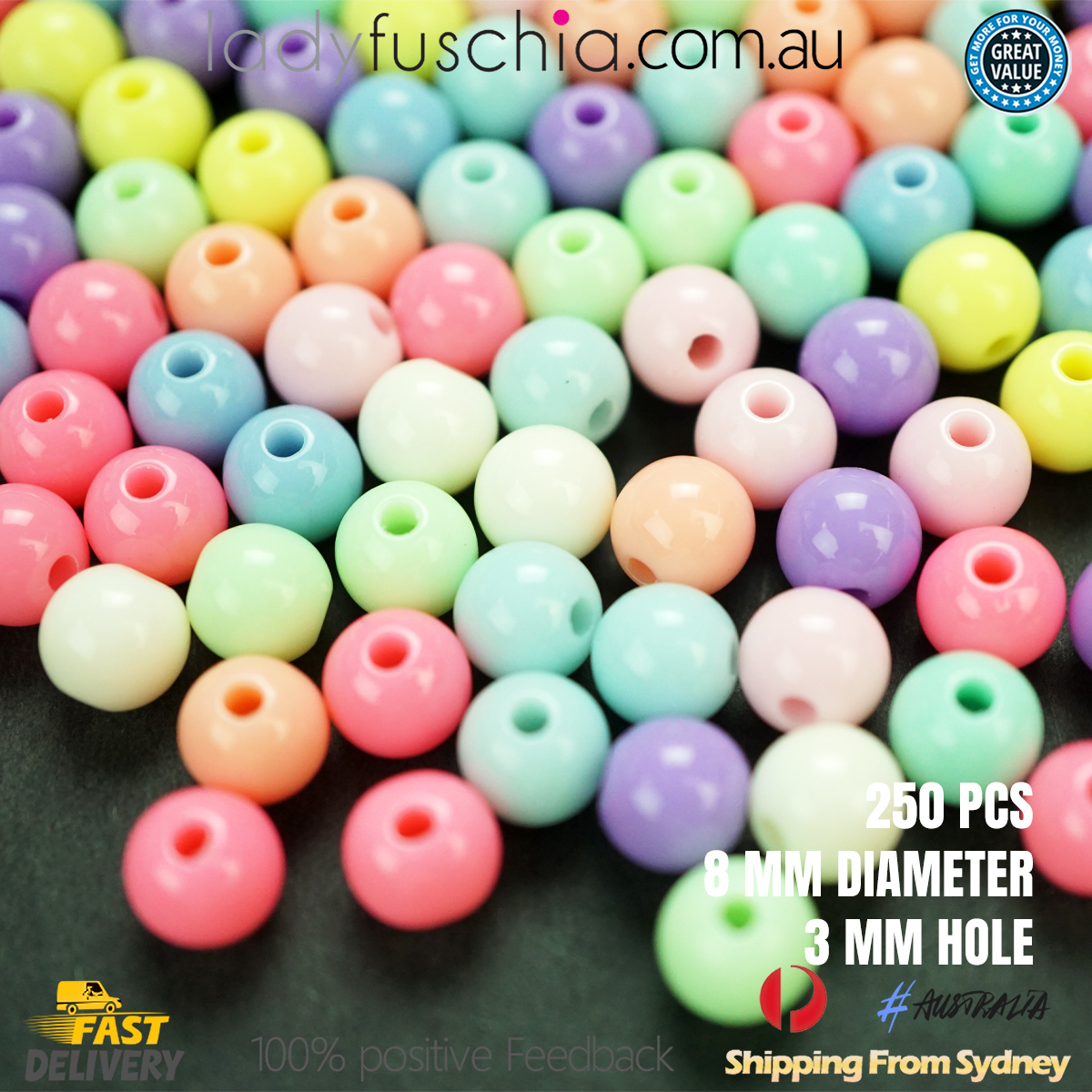 250PC 8MM Round Multi Colour Ball Beads Pony Bead mixed DIY Craft ...