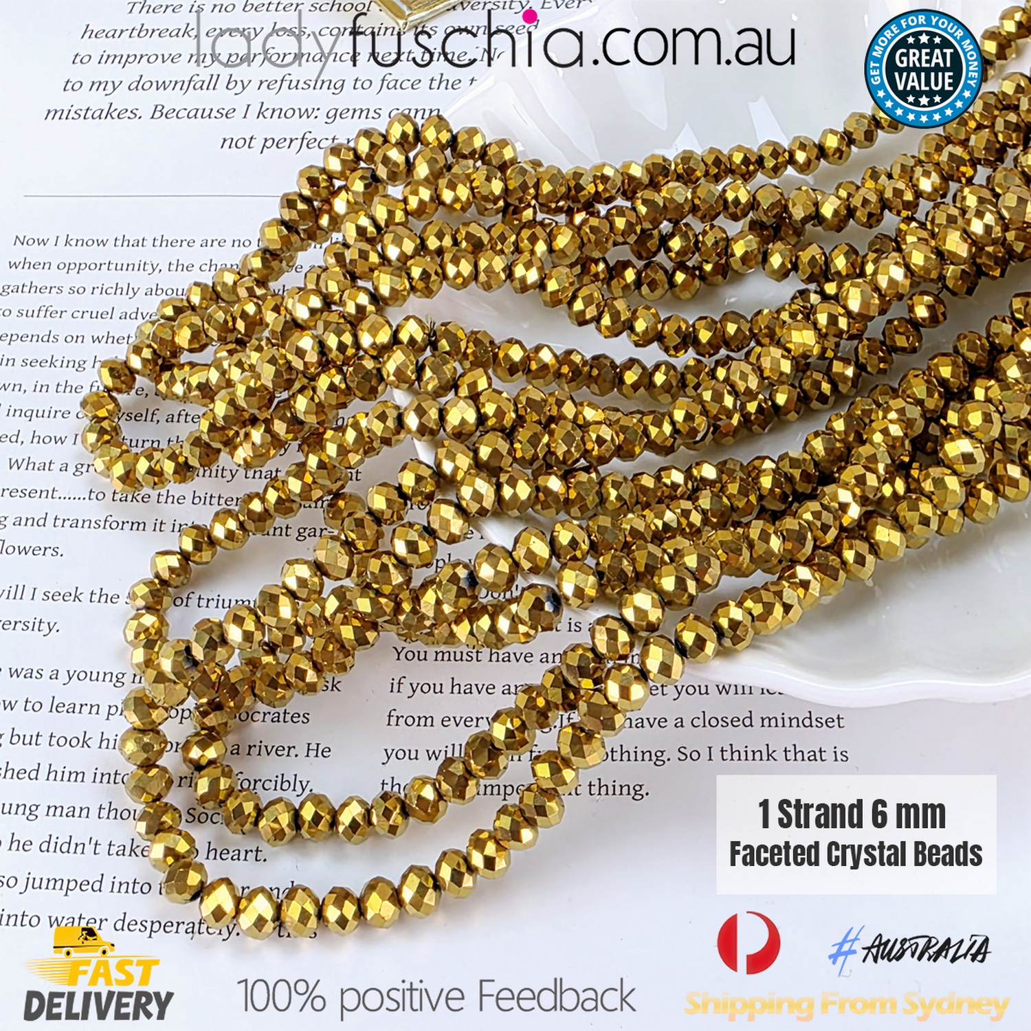 1 Strand 6mm Metallic Gold Rondelle Faceted Glass Crystal Beads 75pcs ...