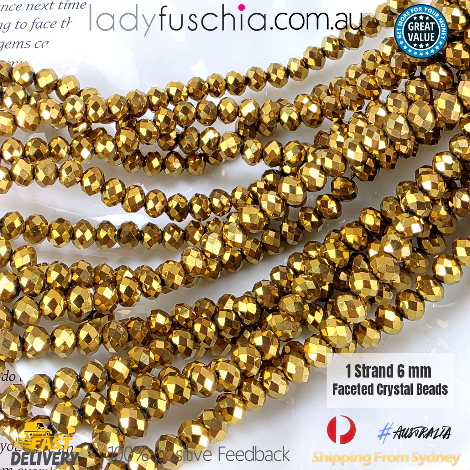 1 Strand 6mm Metallic Gold Rondelle Faceted Glass Crystal Beads 75pcs ...