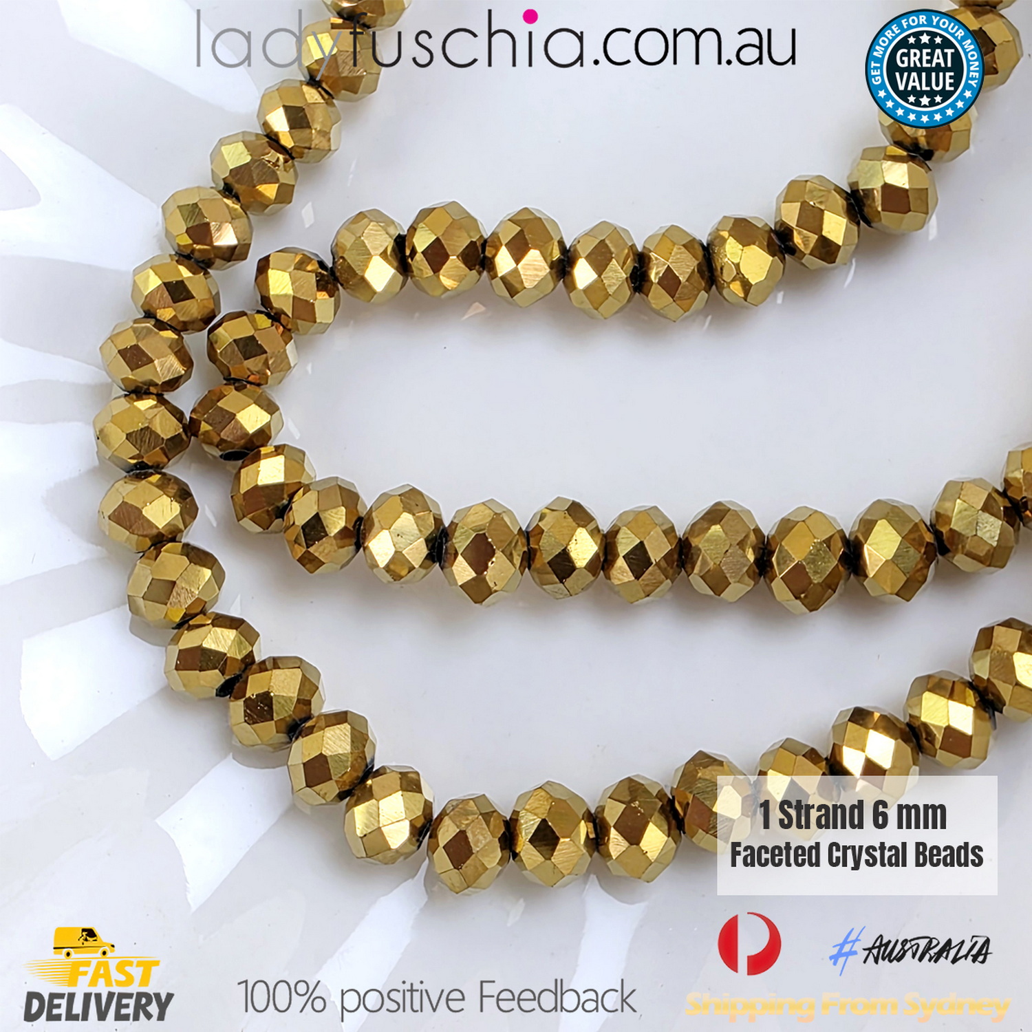 1 Strand 6mm Metallic Gold Rondelle Faceted Glass Crystal Beads 75pcs ...