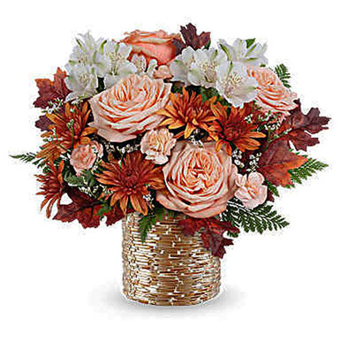 Sparkling Blooms Bouquet â€“ Autumn Roses & Mums in Copper Vase