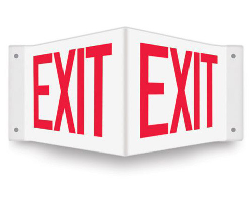 Exit Large Wall-Projecting V-Sign, Red Lettering on White Background
