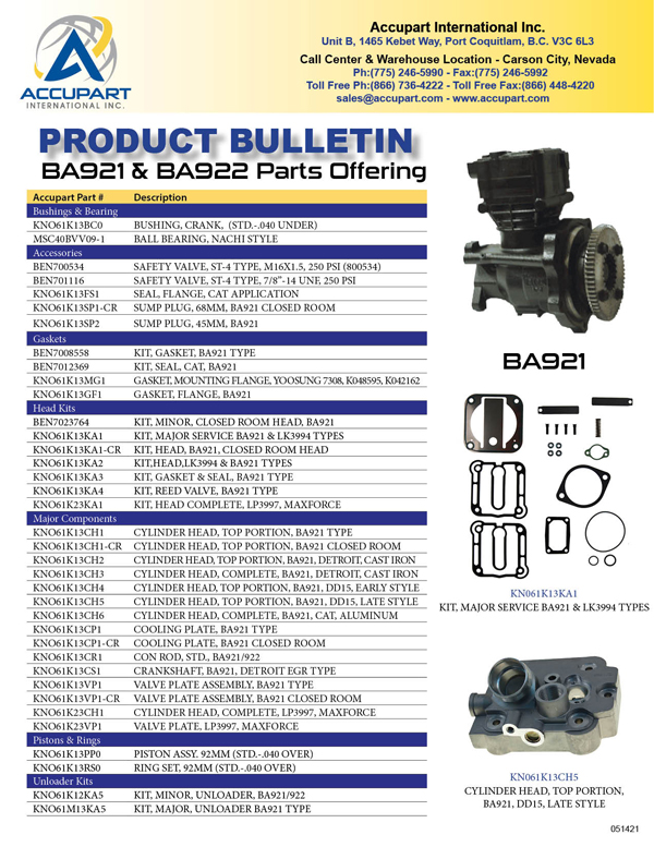 BA921 & BA922 Parts Offering - Accupart