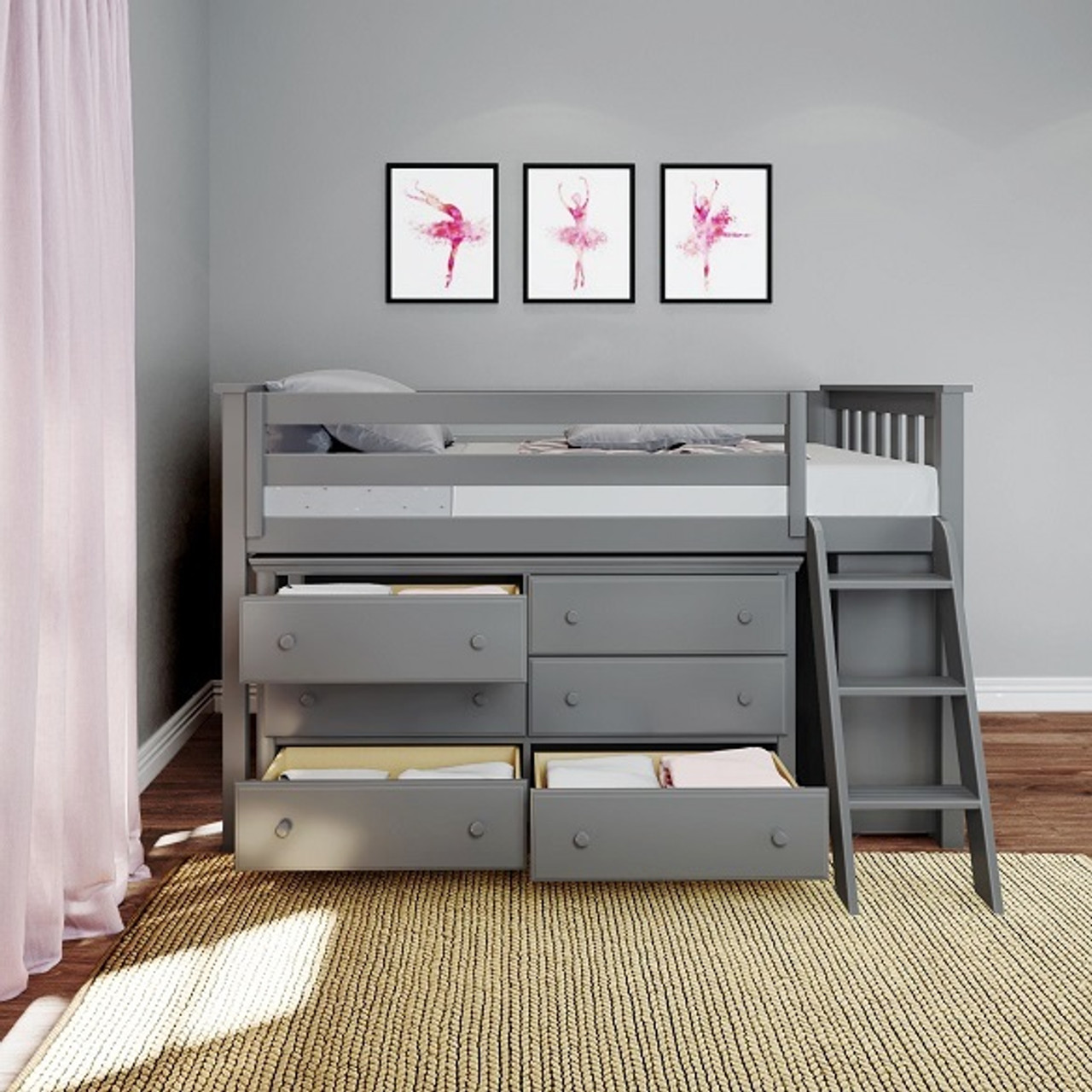 Almere Gray Twin Low Loft Bed with Storage