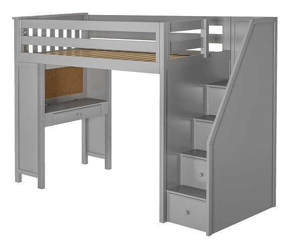 Rylan Gray Twin Loft Bed with Stairs and Desk