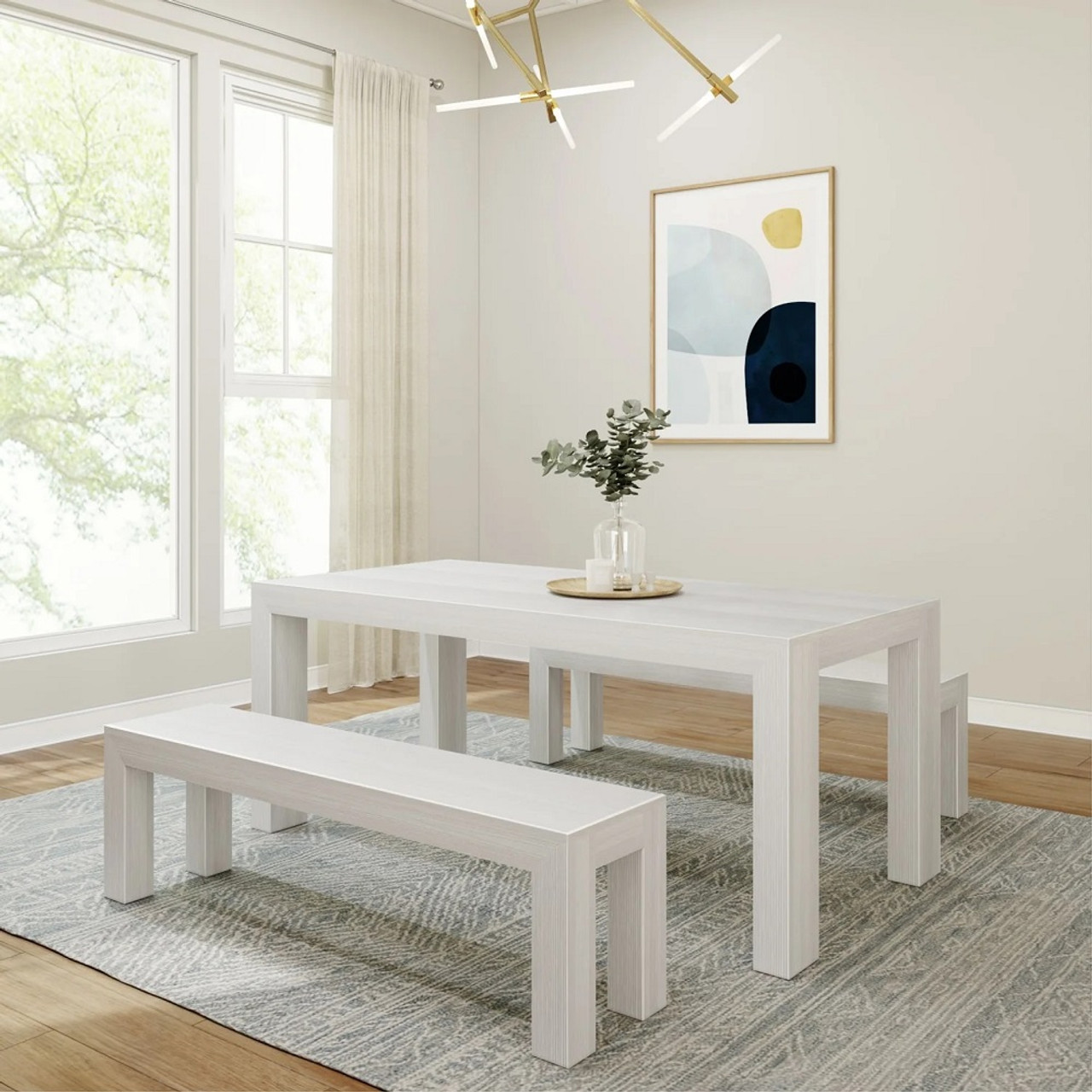 Rockport Distressed White Dining Table with Bench