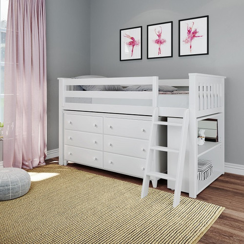 Chelsea White Twin Low Loft Bed with Storage