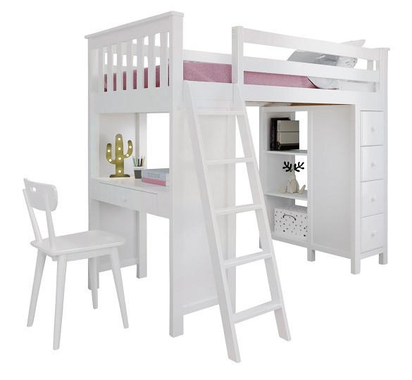 Chelsea White Twin Loft Bed with Desk and Storage