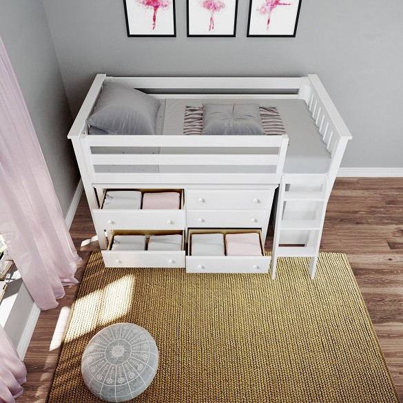 Chelsea White Twin Low Loft Bed with Storage