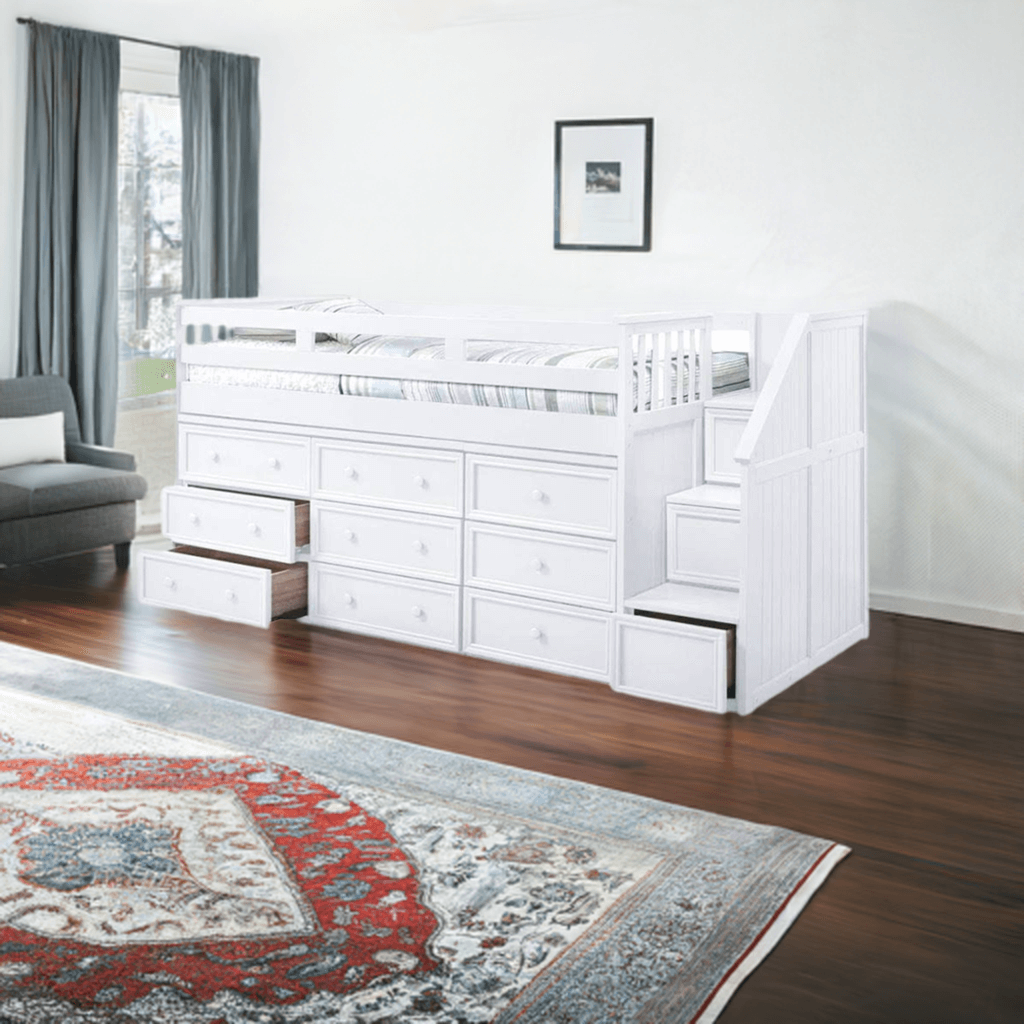 White low loft bed with storage store