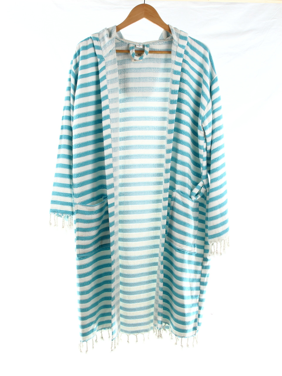 CHEVRON - Hooded Turkish Towel Beachrobe Bathrobe, Turquoise - panora