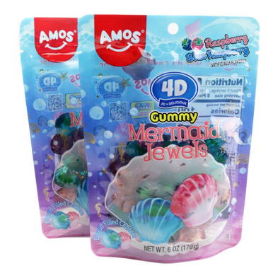 3D Gummy Mermaid Jewels 6oz Raspberry and Blue Raspberry Flavored Shells