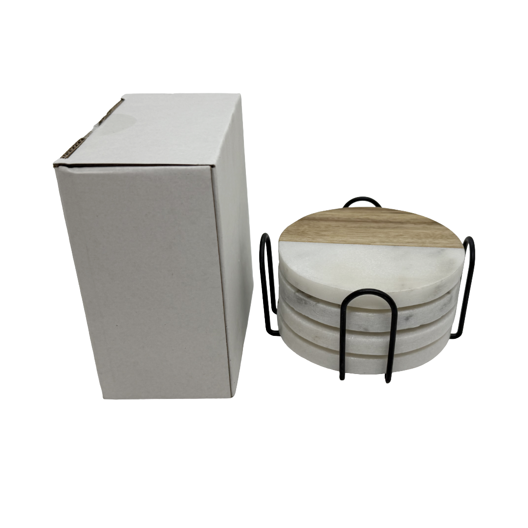 Round Acacia Wood Marble Coaster Set with Wire Holder
