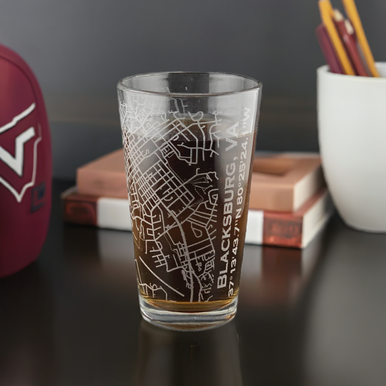 Blacksburg, VA 16oz Pint Glass with Virginia Tech Campus Etched Map ...