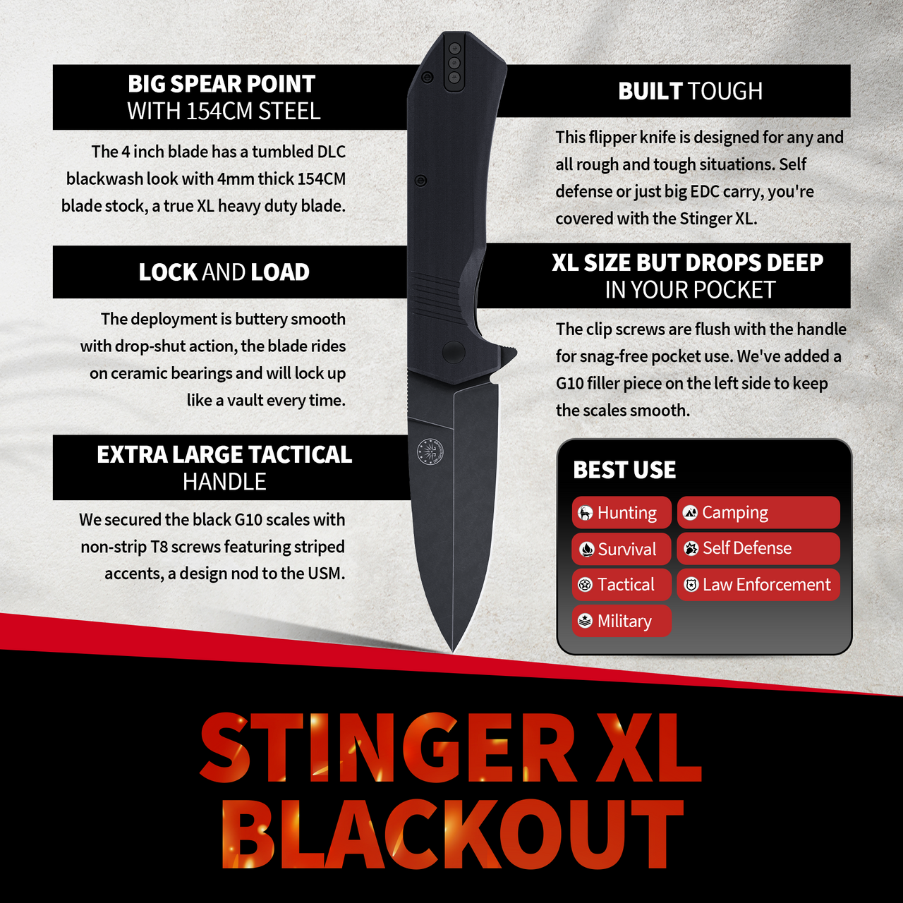 STINGER XL - Blackout with 154CM Knife | Off-Grid Knives