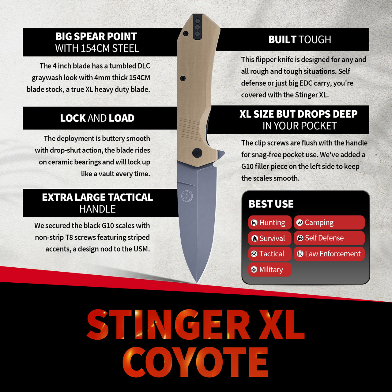 STINGER XL - Coyote with 154CM Knife | Off-Grid Knives